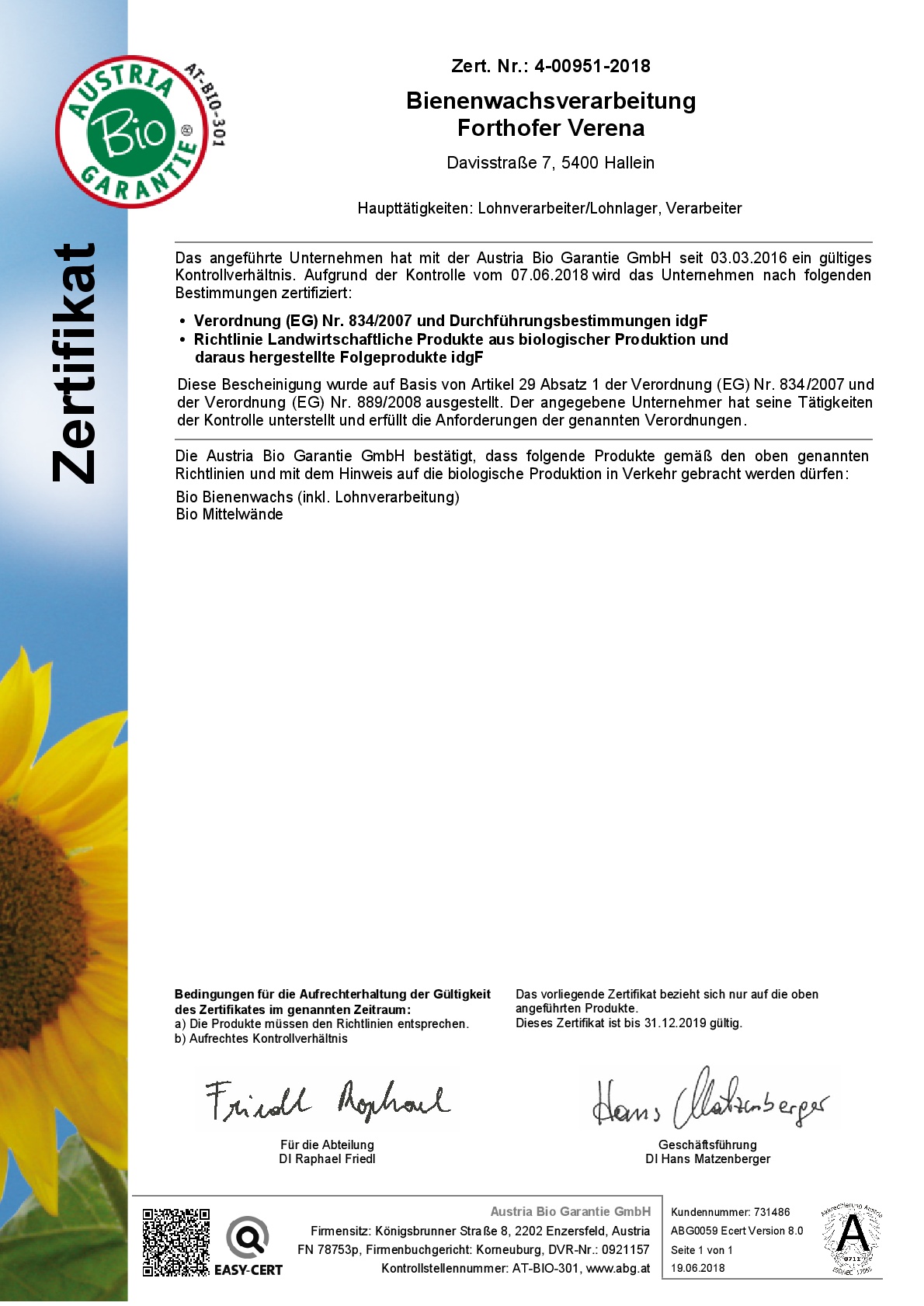 Bio-Zertifikat - Wachsverarbeitung